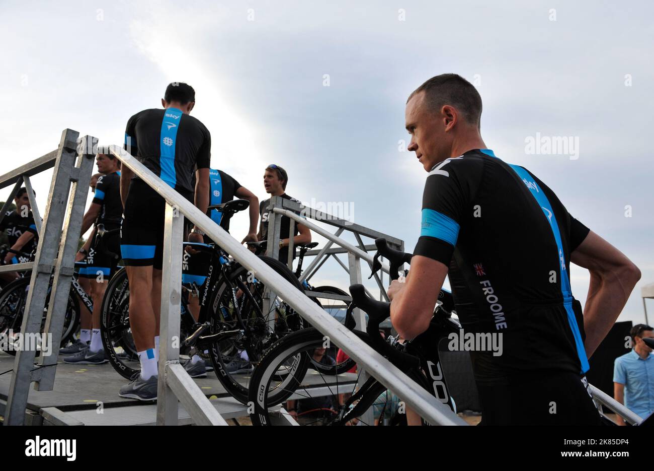 Team Sky rider Chris Froome arrives on stage for the 100th Tour de ...