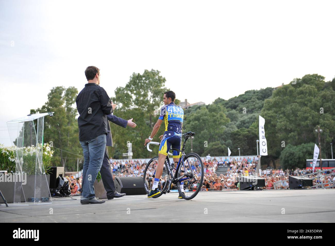 Alberto Contador arrives on stage for the 100th Tour de France team ...