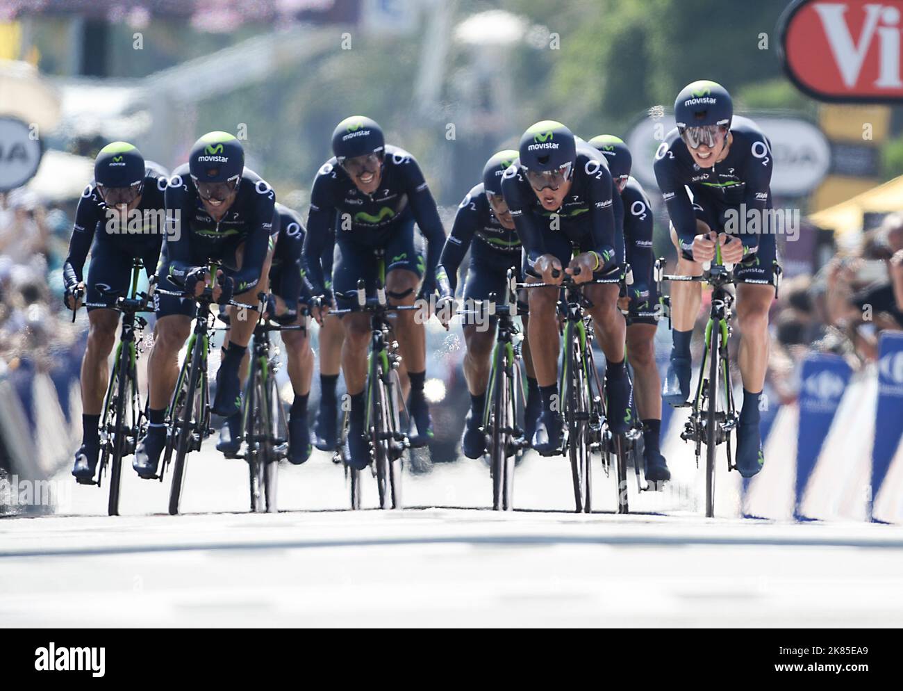 Team Movistar cross the finish line Stock Photo - Alamy