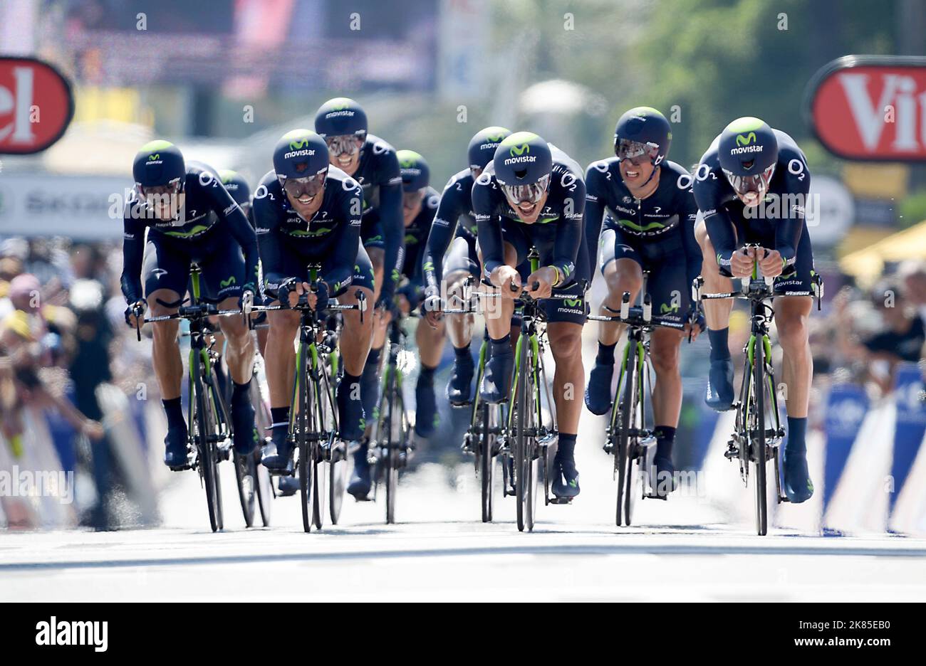 Team Movistar cross the finish line Stock Photo - Alamy