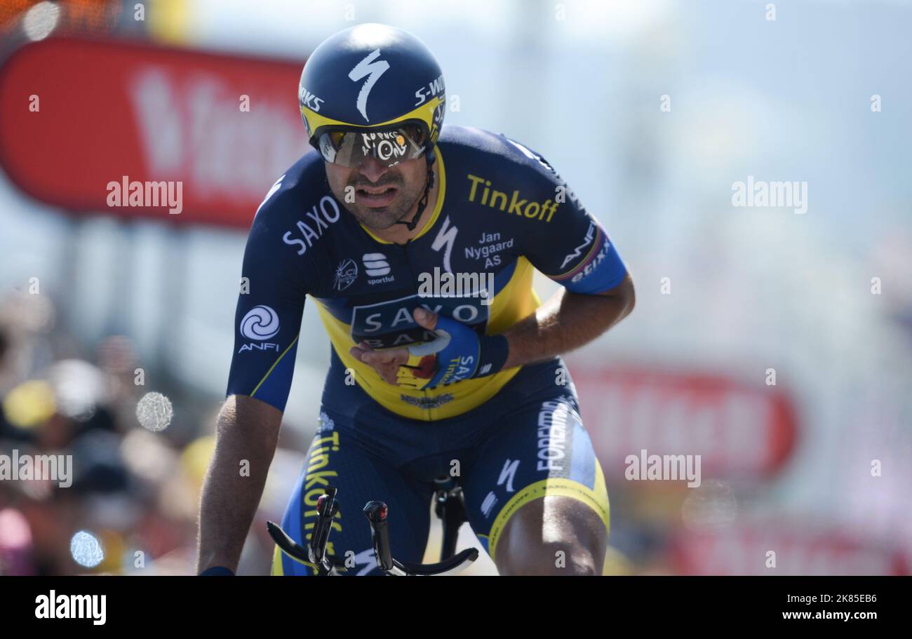 Noval Gonzalez of team Saxo Tinkoff crosses the finish line with a ...