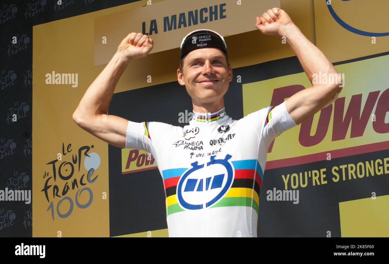 Tony Martin, team Omega pharma Quickstep, takes to the podium during ...