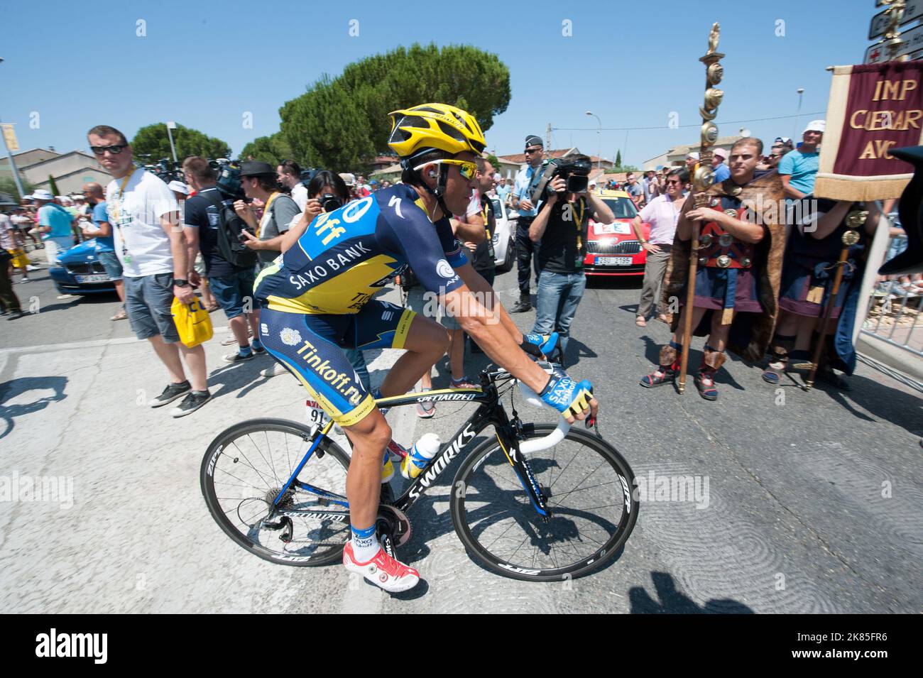 Alberto Contador team Saxo Tinkoff Bank rides to the start of the race ...