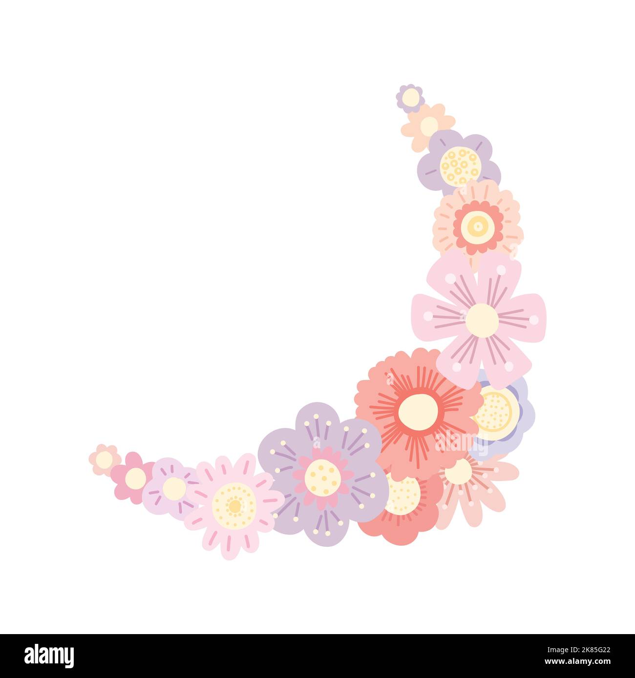 Vector floral semicircular frame in pastel colors and copy space. Round ...