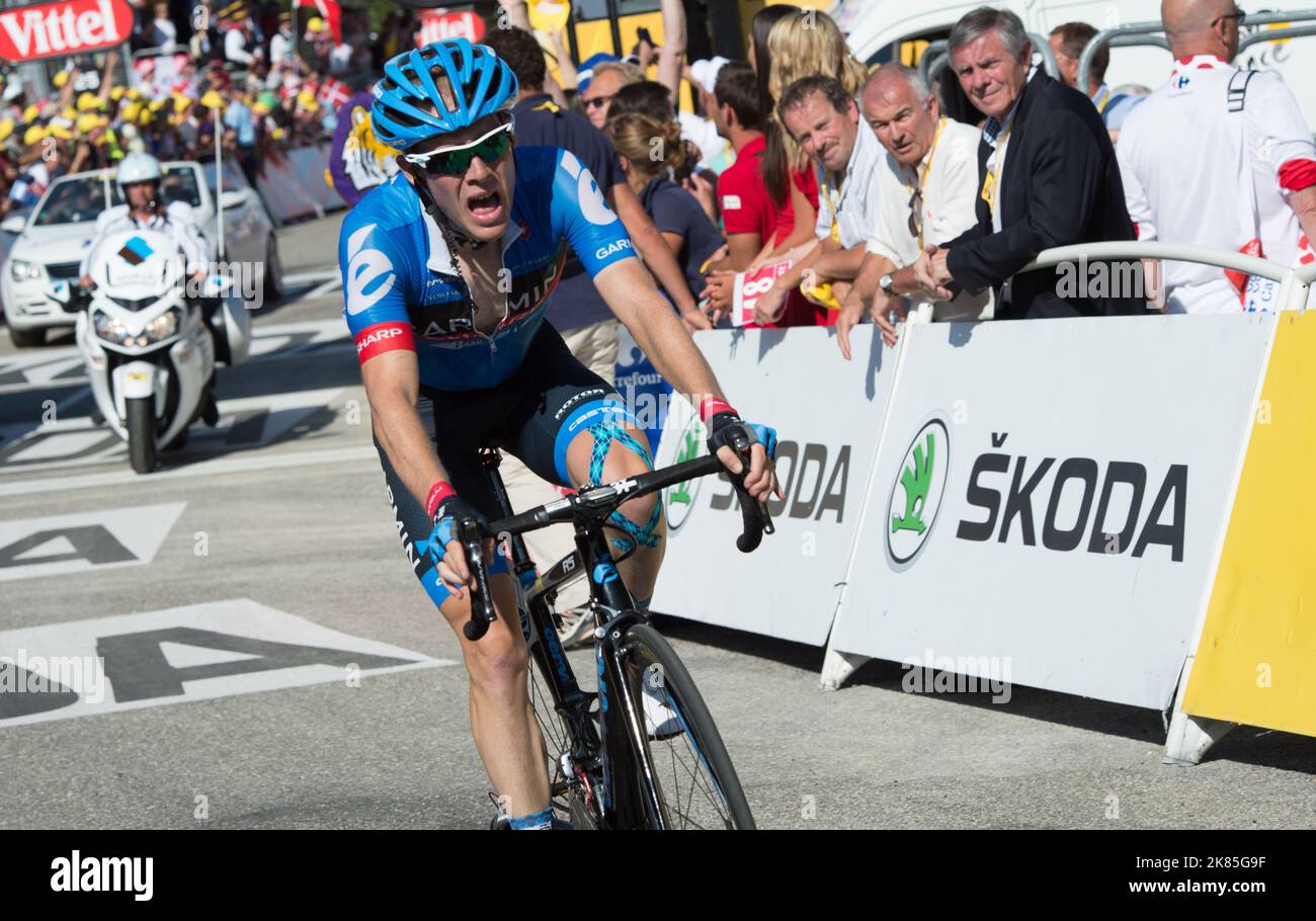 Andrew Talansky team Garmin Sharp crosses the finish line in Semnoz ...