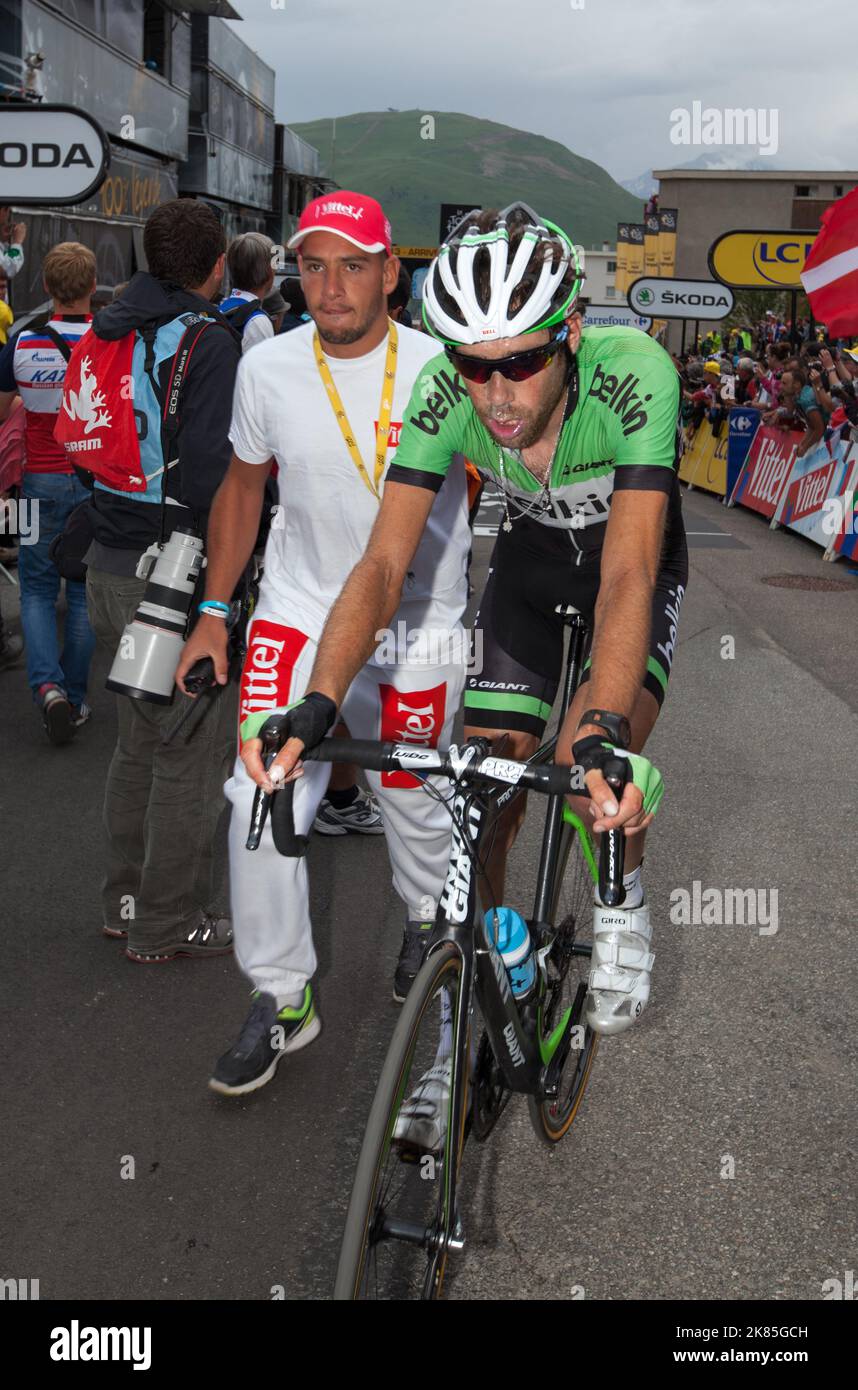 Stage 18 Tour De France Gap to L'Alpe D'Huez - Laurens Ten Dam crosses the finish line in L'Alpe ...