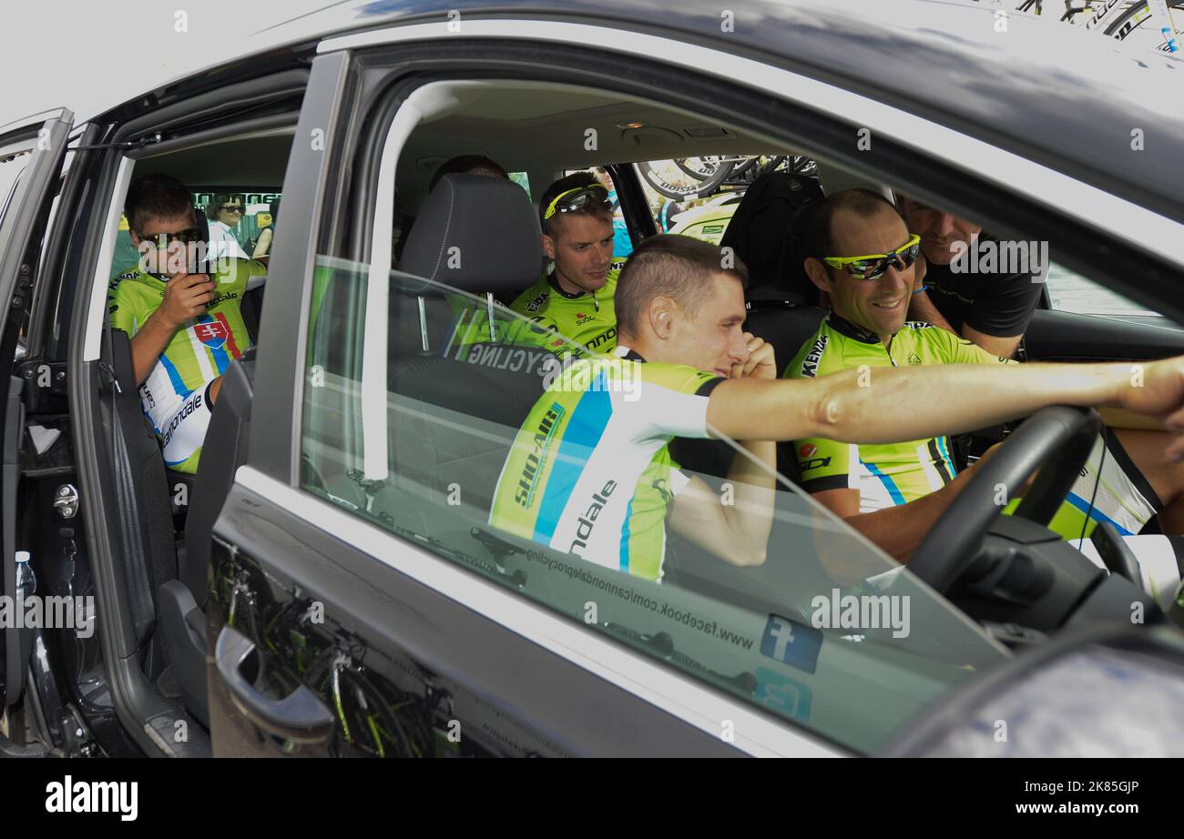 Peter Sagan (Cannondale) sits in the back of his team car with his team ...