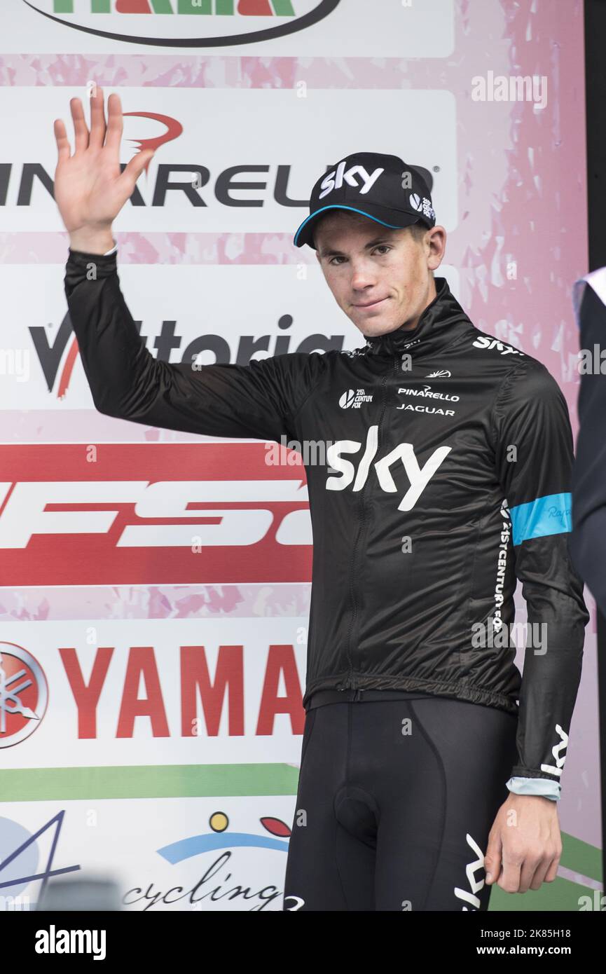 Ben Swift of Team Sky arrives onto the podium after taking 3rd place in ...
