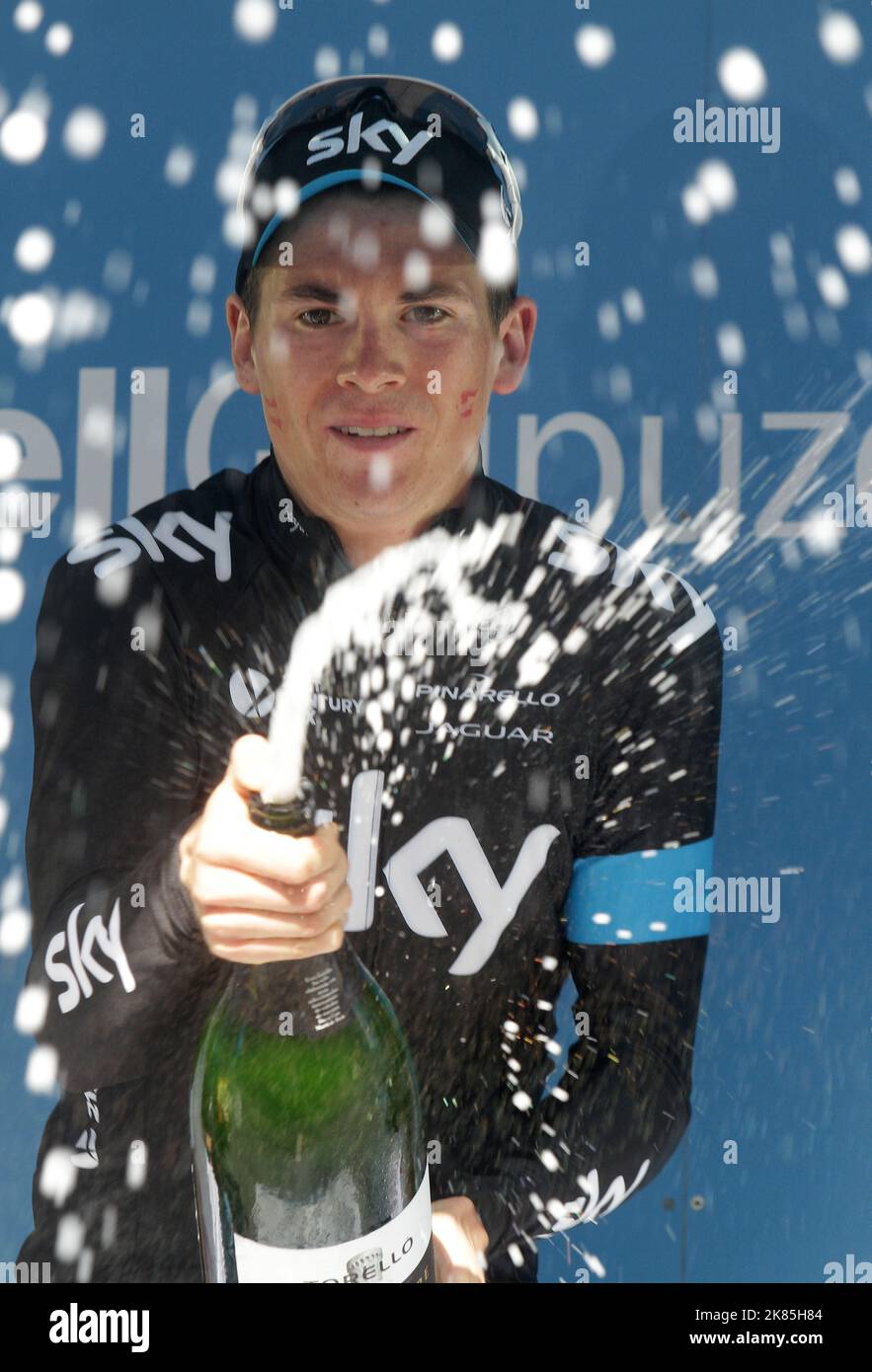 Ben Swift celebrates on the podium after winning a thrilling stage of ...