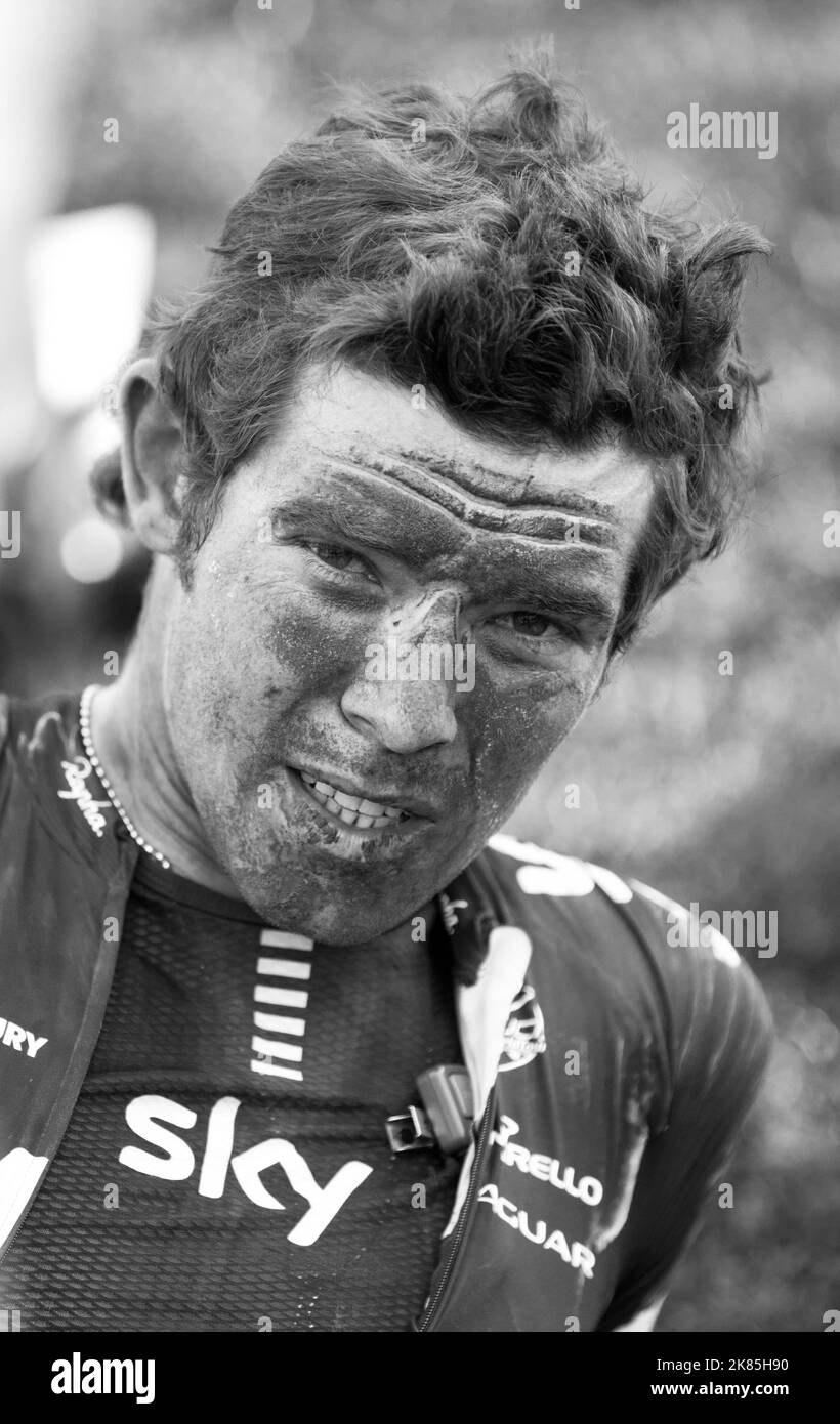 Team Sky's Luke Rowe shows how hard the 2014 Paris Roubaix was by the ...