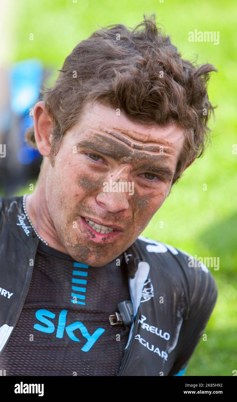 Team Sky's Luke Rowe shows how hard the 2014 Paris Roubaix was by the ...