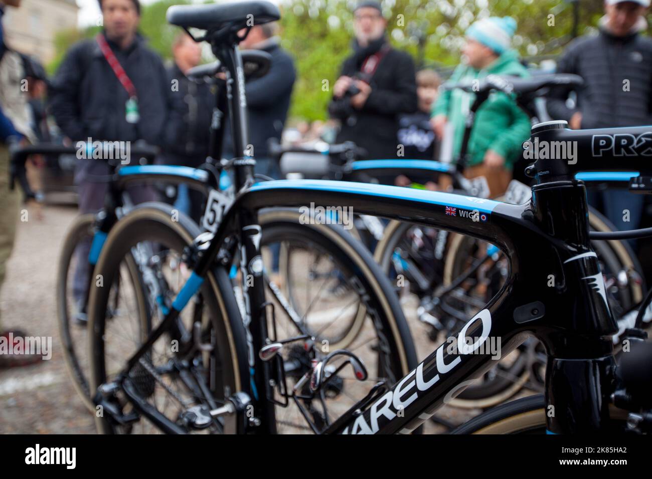The Pinarello of Team Sky's Bradley Wiggins sits waiting at the start ...