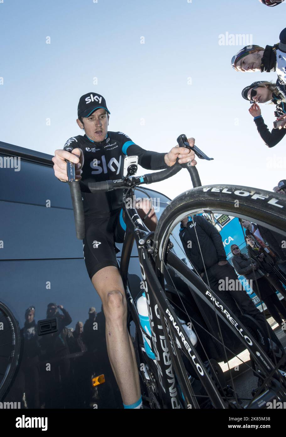 Geraint Thomas team Sky - warms down outside his team bus after coming ...