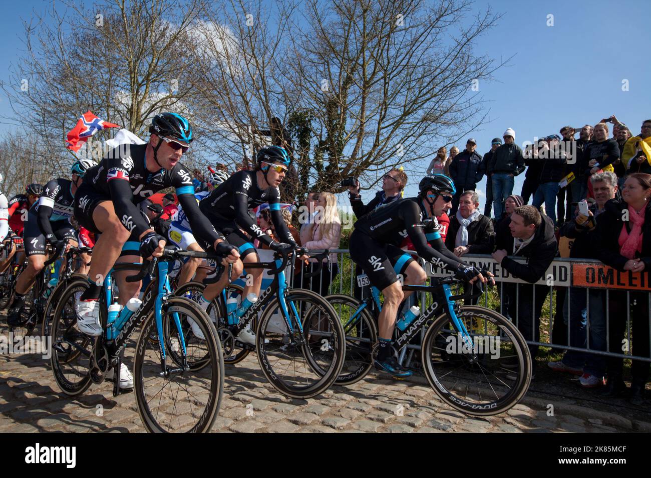 The Team Sky trio of Ian Stannard, Elia Viviani and Luke Rowe lead the ...