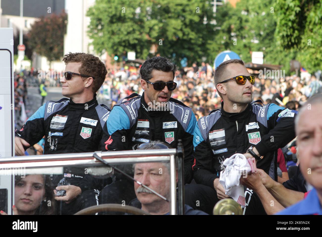 Patrick Long (left) and Patrick Dempsey centre, here at the Le Mans 24 ...
