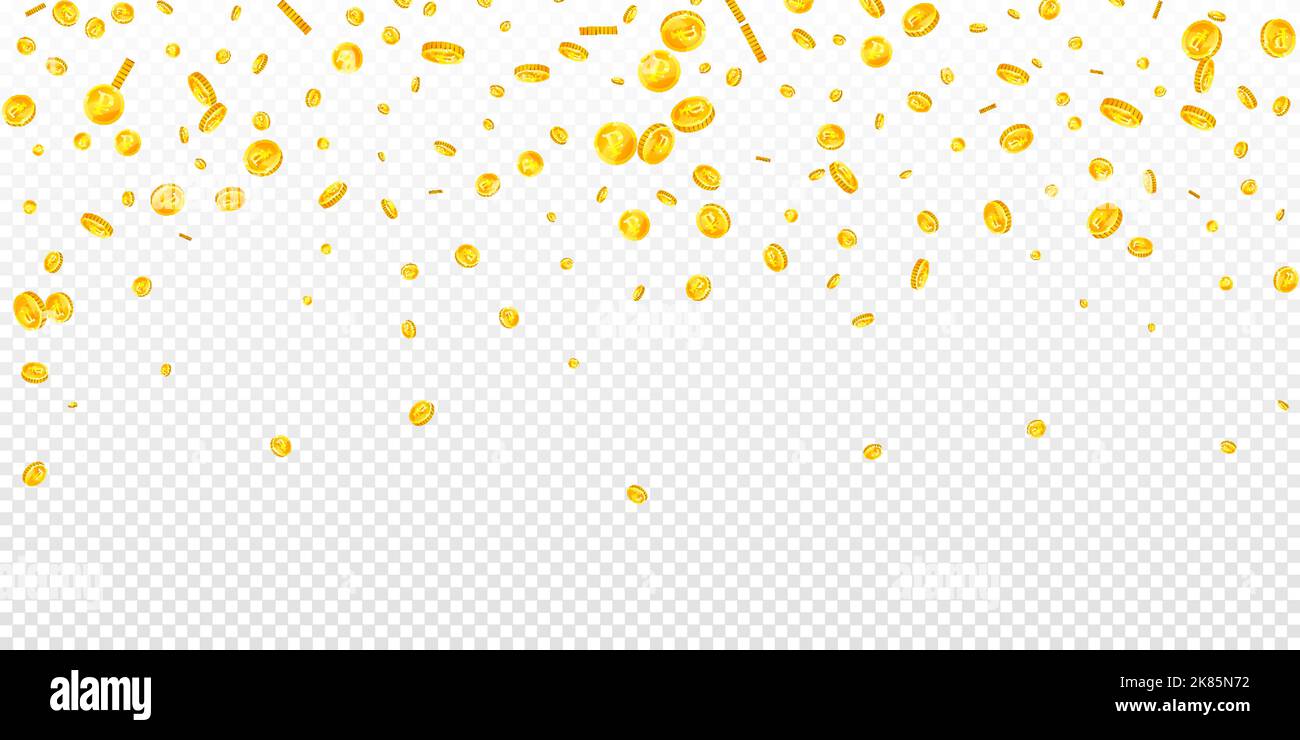 Russian ruble coins falling. Scattered gold RUB coins. Russia money ...