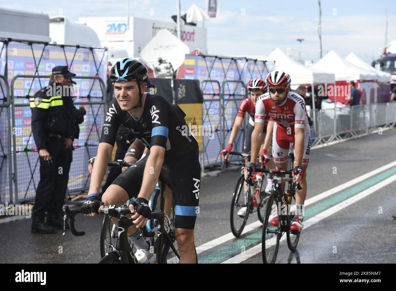 Luke Rowe team Sky crosses the finish line during the second stage of ...