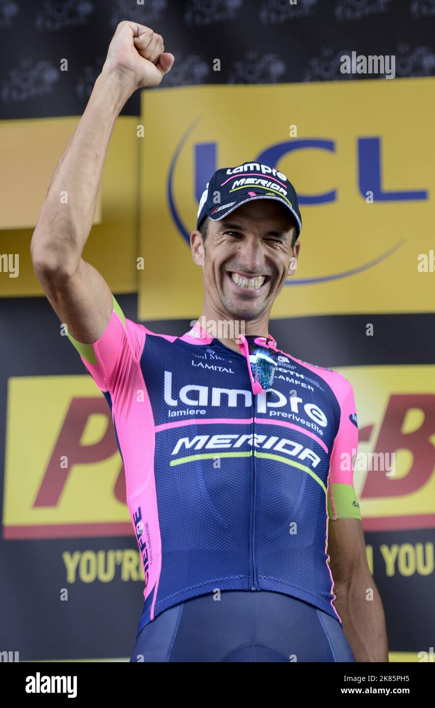 Ruben Plaza Moilina of team Lampre Merida celebrates on the podium ...