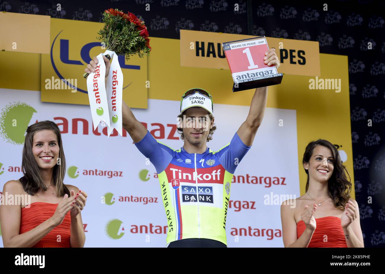 Peter Sagan of team Tinkoff Saxo Bank celebrates on the podium after ...