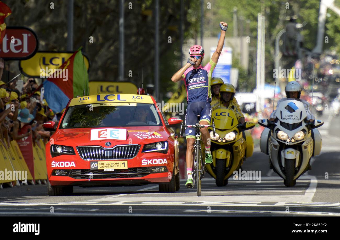 Ruben Plaza Moilina of team Lampre Merida wins the stage in a solo ...