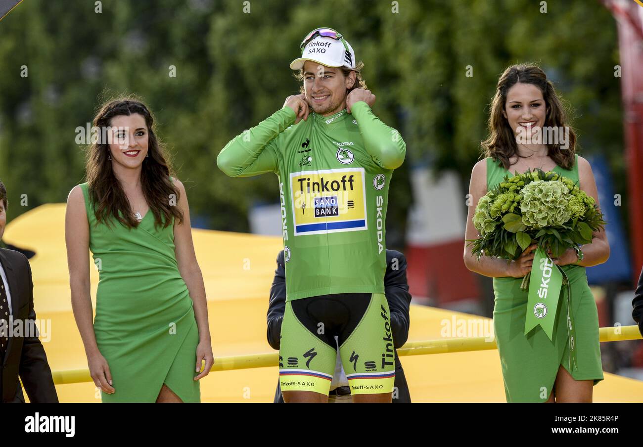Peter Sagan team Tinkoff Saxo Bank stands on the podium after winning the overall points ...