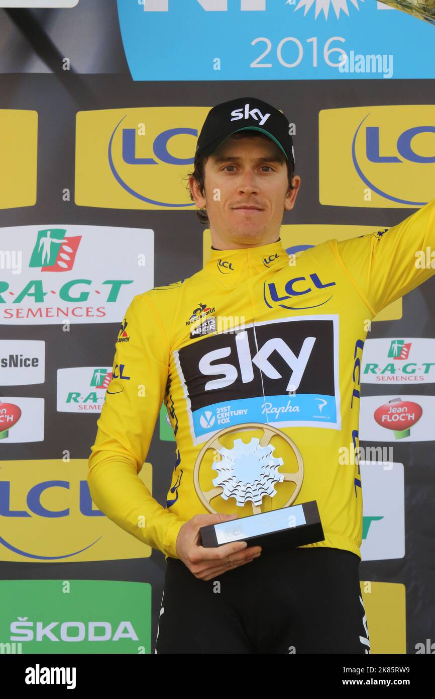Geraint Thomas with the trophy on the podium Stock Photo - Alamy