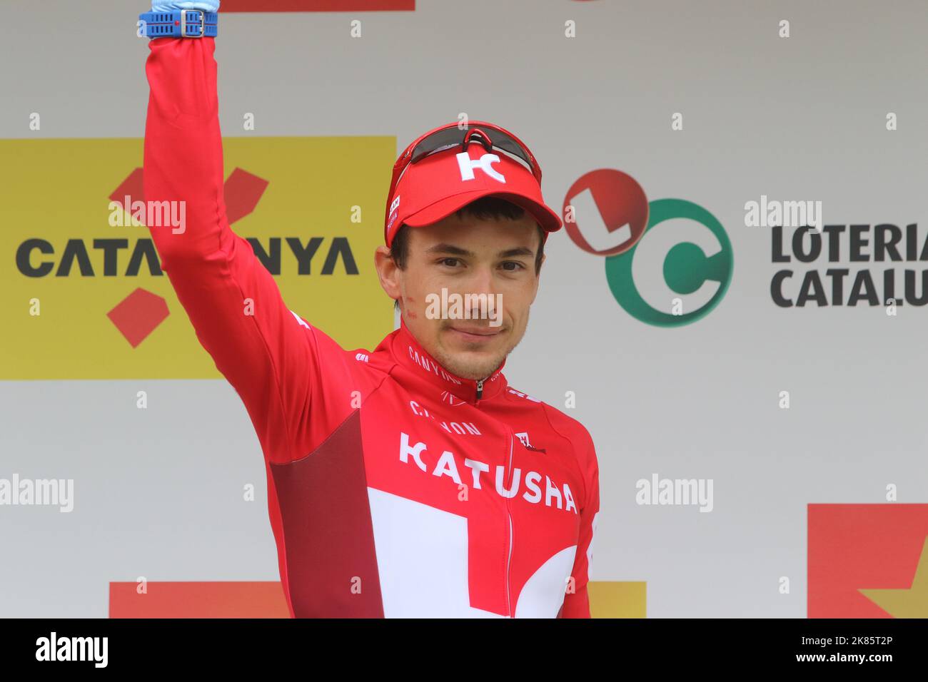 Alexey Tsatevich of team Katusha on the podium after victory on stage 7 ...