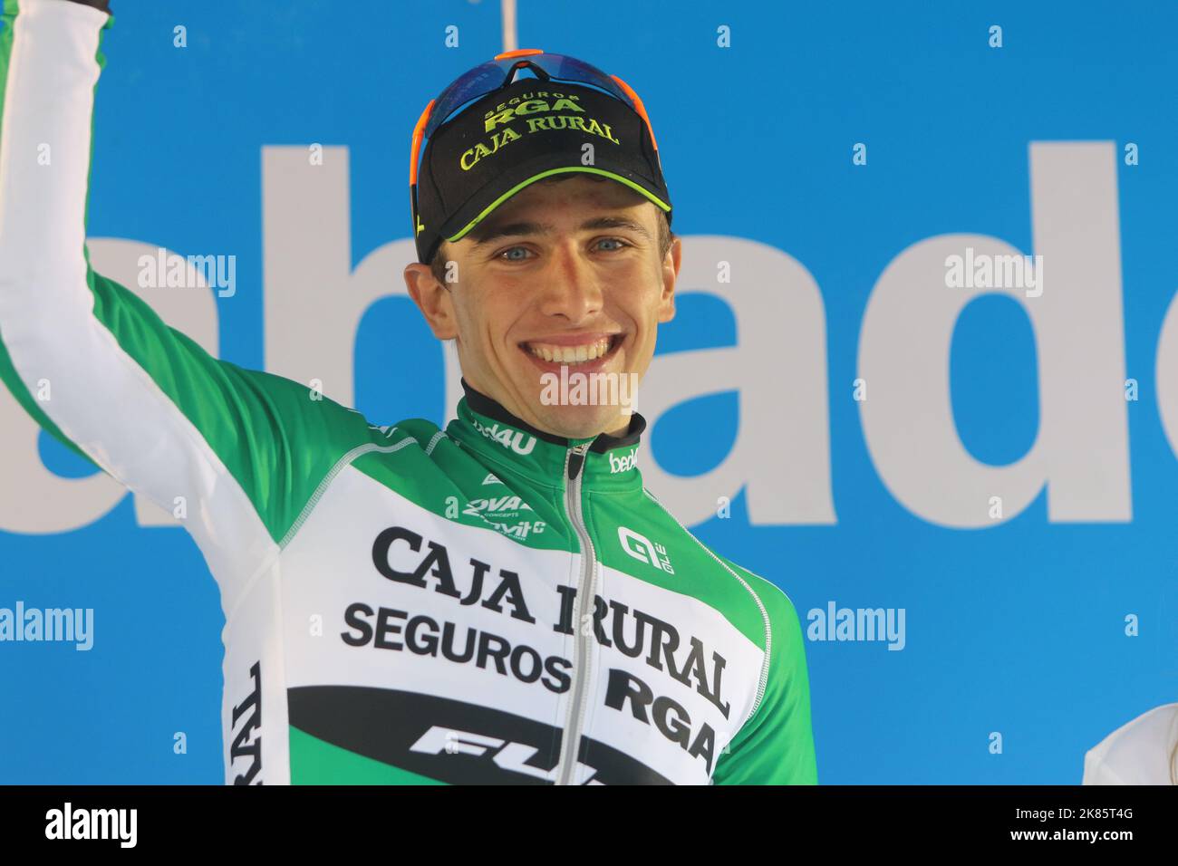 Jonathan Lastra of Caja Rural team celebrates on the podium following ...