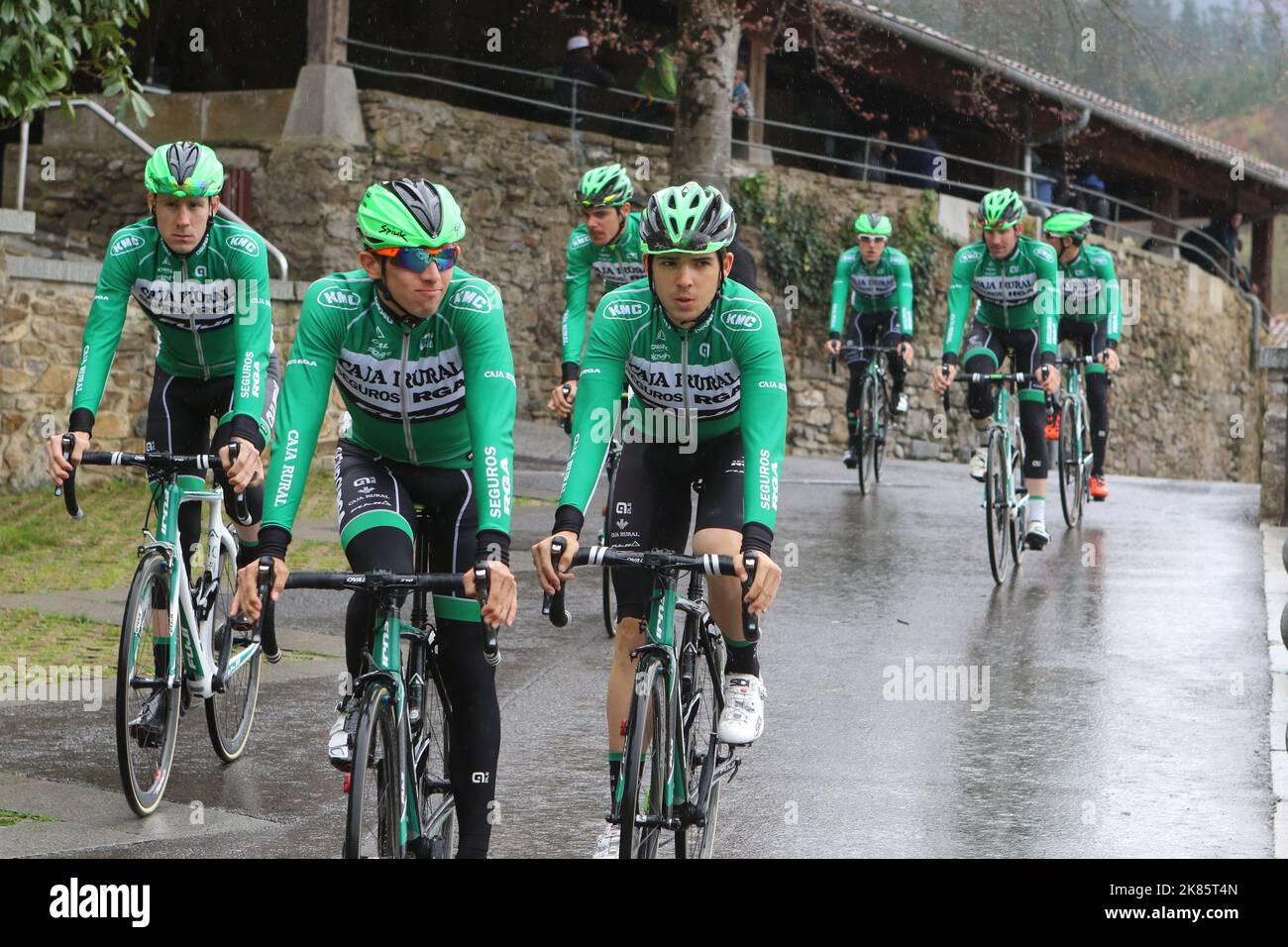 The Caja Rural team ride to sign on.before the first stage Stock Photo ...