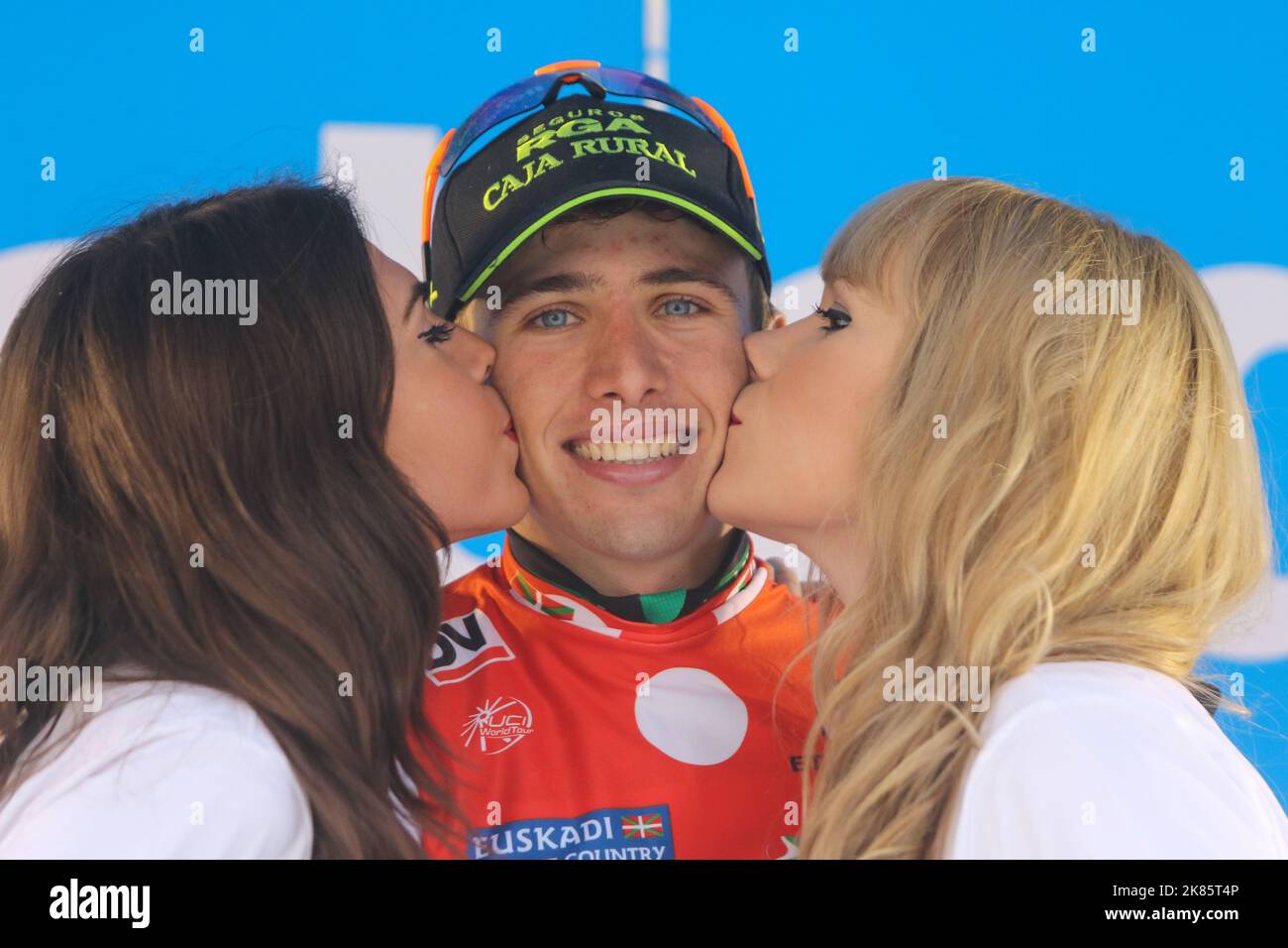 Jonathan Lastra of Caja Rural team celebrates on the podium with his ...