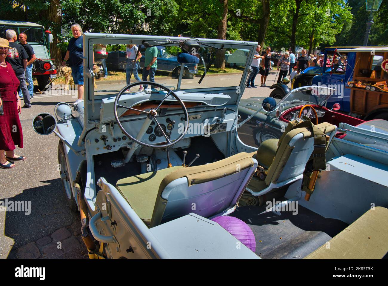 BADEN BADEN, GERMANY - JULY 2022: interior of light steel blue Willys ...