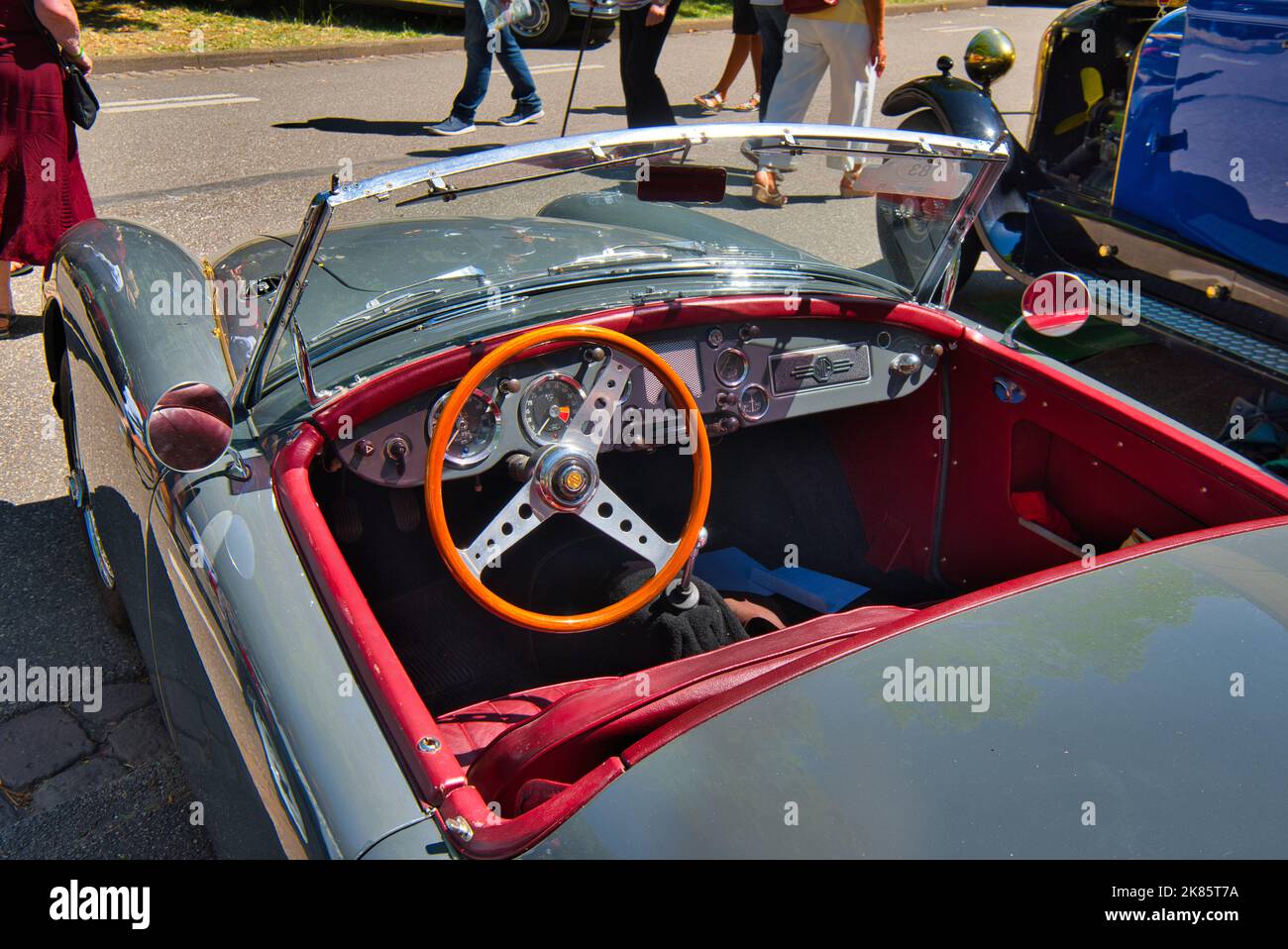 BADEN BADEN, GERMANY - JULY 2022: red leather interior of grey gray MG ...