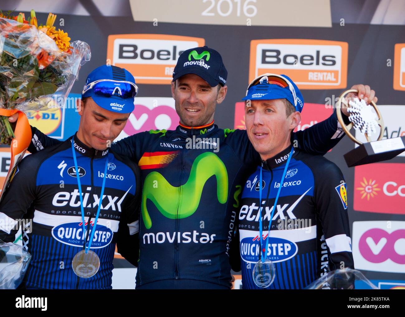 Alejandro Valverde (Movistar) stands on the podium with Ettix Quick ...
