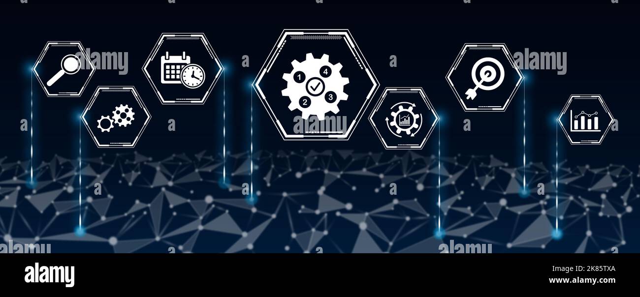 Concept of action plan with icons in hexagons connected to abstract ...