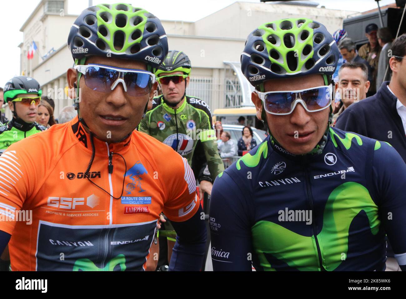Nairo and Dayer Quintana at stage start in st gaudens Stock Photo - Alamy