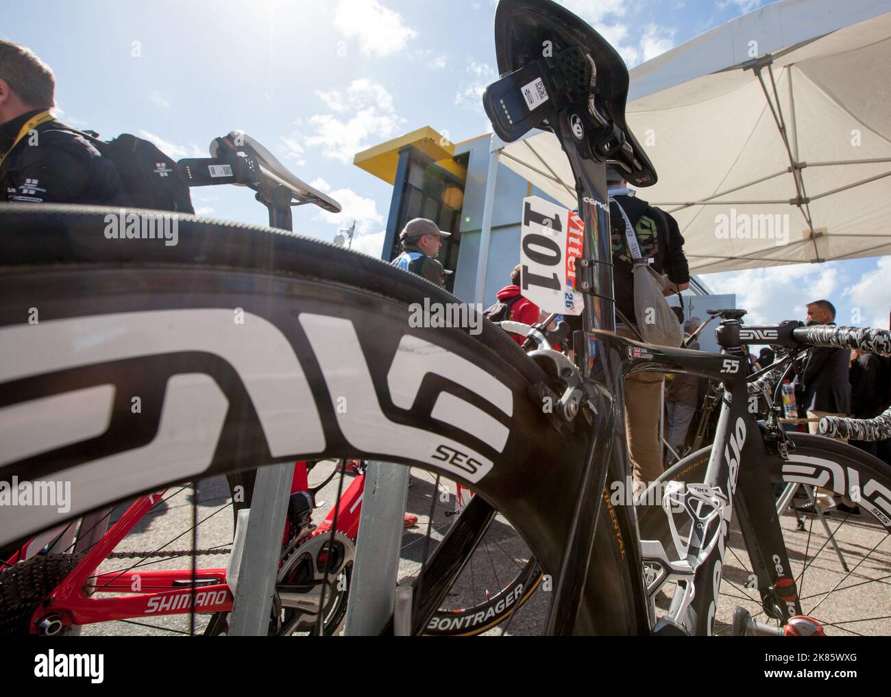 The Cervelo of Mark Cavendish (Dimension Data) parked at the finish ...