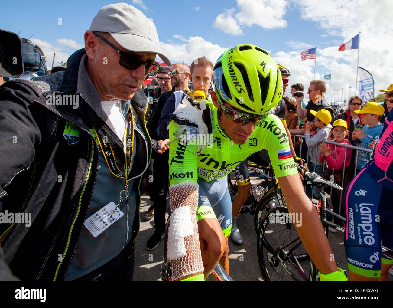 Alberto Contador (Tinkoff) makes his way through the crowded finish ...
