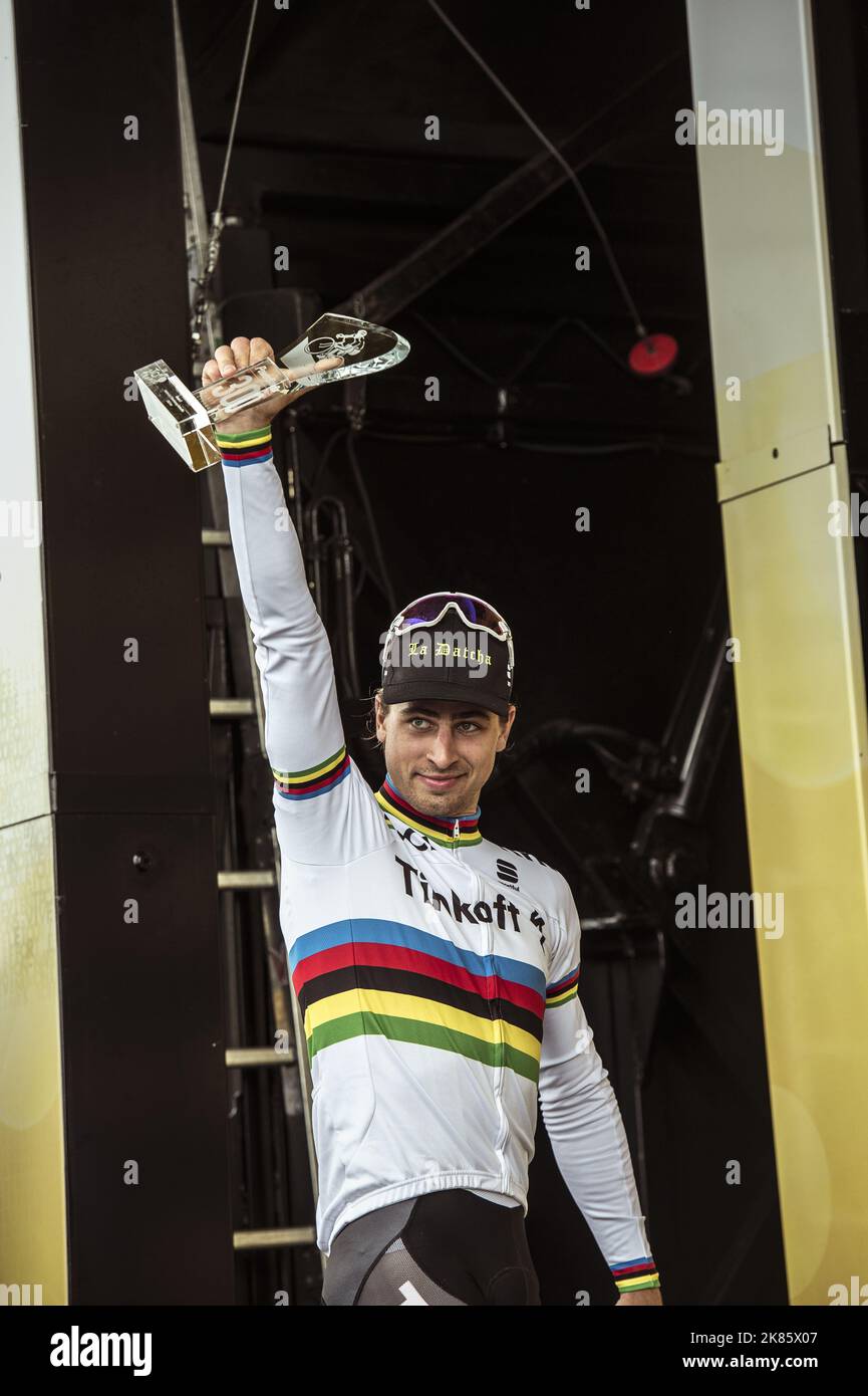 Peter Sagan team Tinkoff, takes to the podium after winning the stage ...