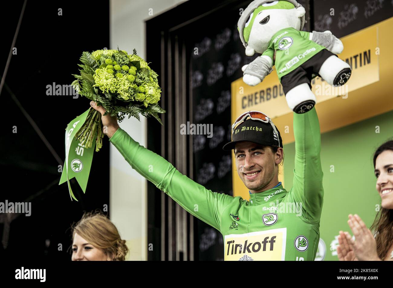 Peter Sagan team Tinkoff, takes to the podium after winning the stage ...