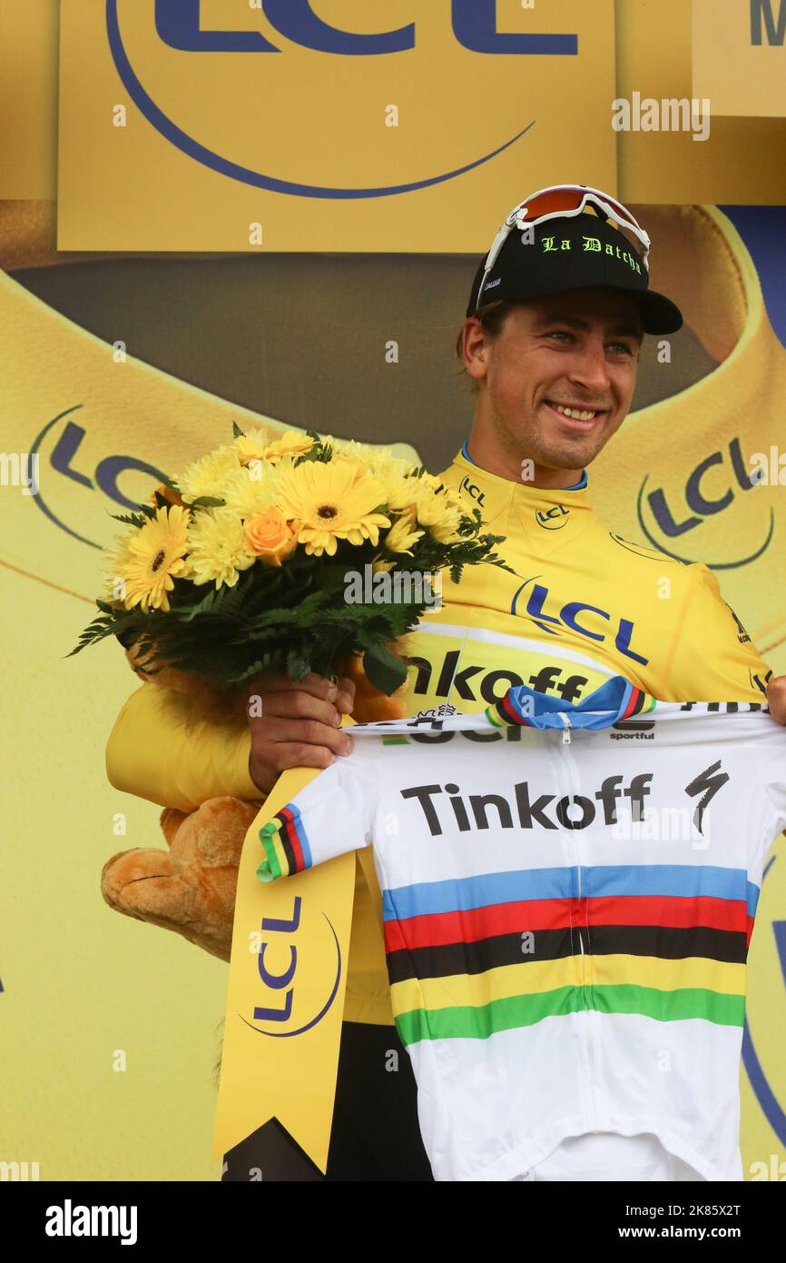 Peter Sagan team Tinkoff, takes to the podium after winning the stage ...