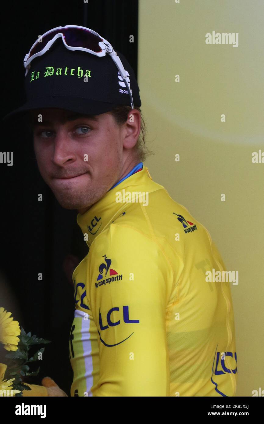 Peter Sagan team Tinkoff, takes to the podium after winning the stage ...