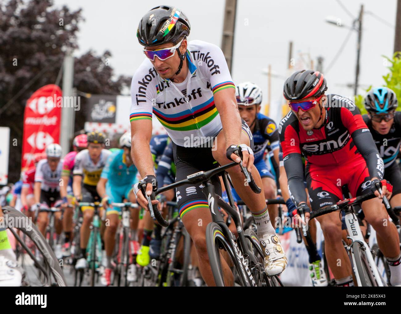 World Champion Peter Sagan (tinkoff) is lead over the top of the final climb by team mate Roman ...