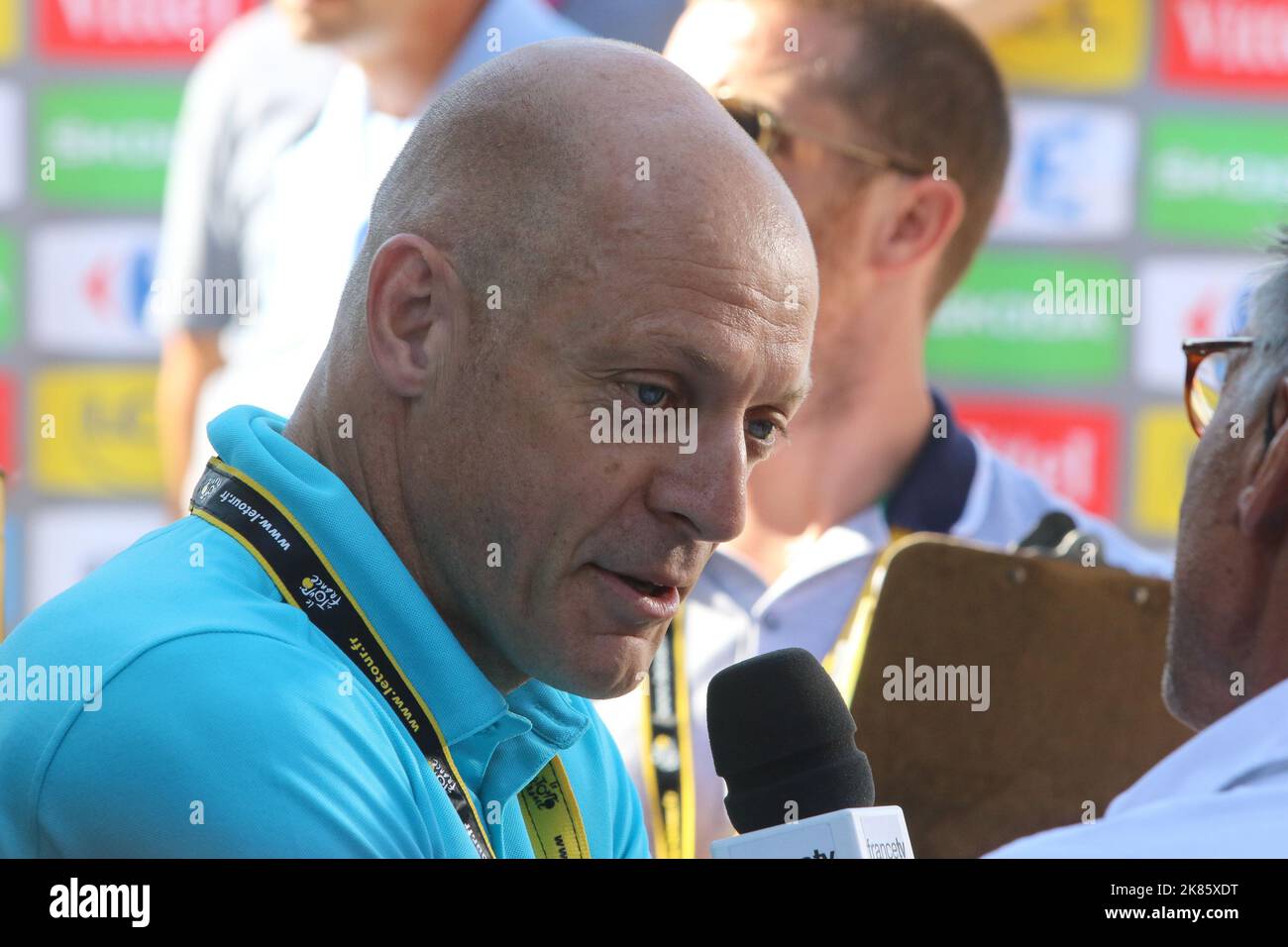 Sir Dave Brailsford sky team boss is interviewed after the stage Stock ...