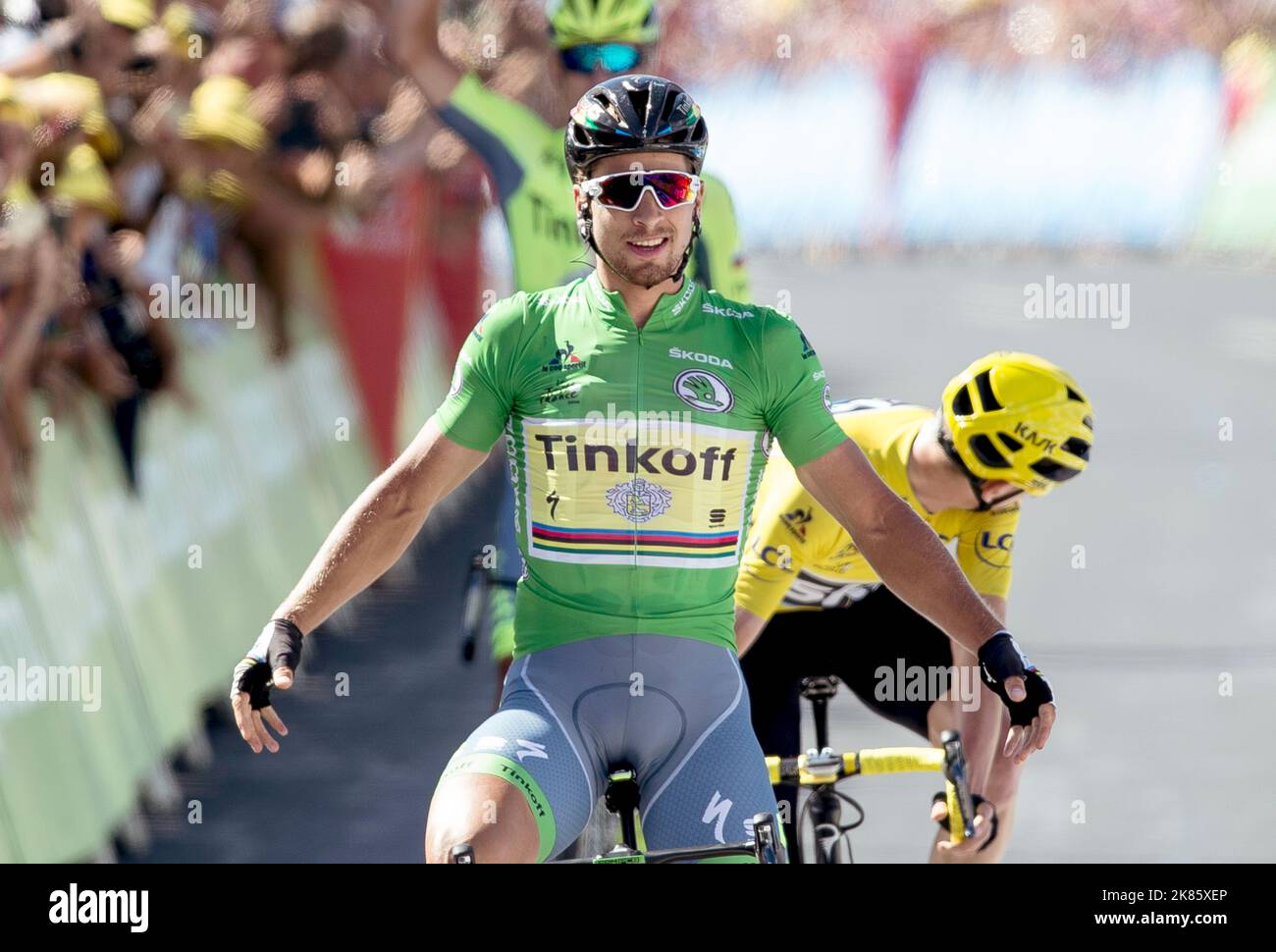 Slovakian Peter Sagan of Tinkoff celebrates as he crosses the finish ...