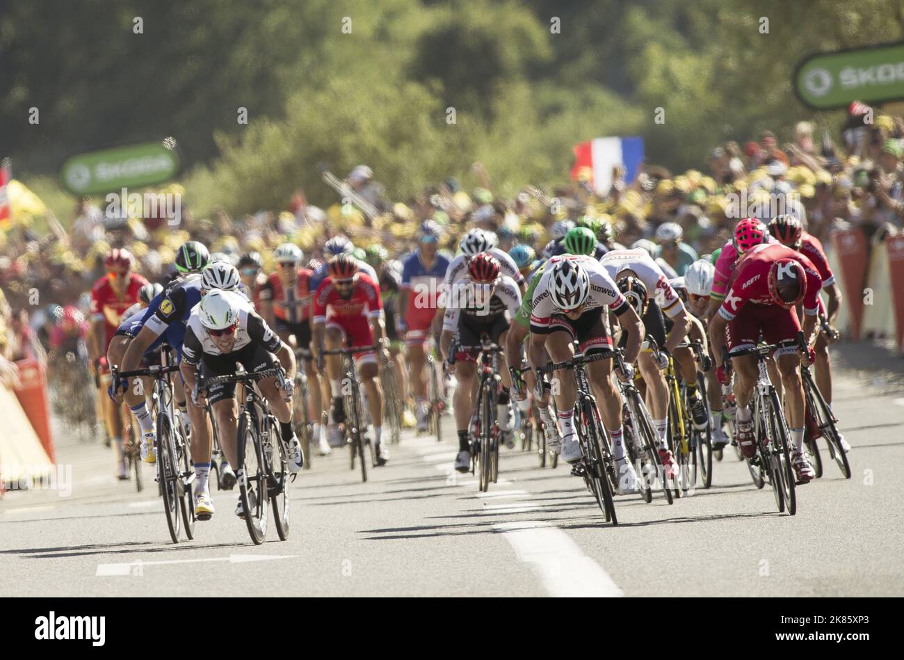 Mark Cavendish (GB) of Team Dimension Data wins the stage in a sprint ...