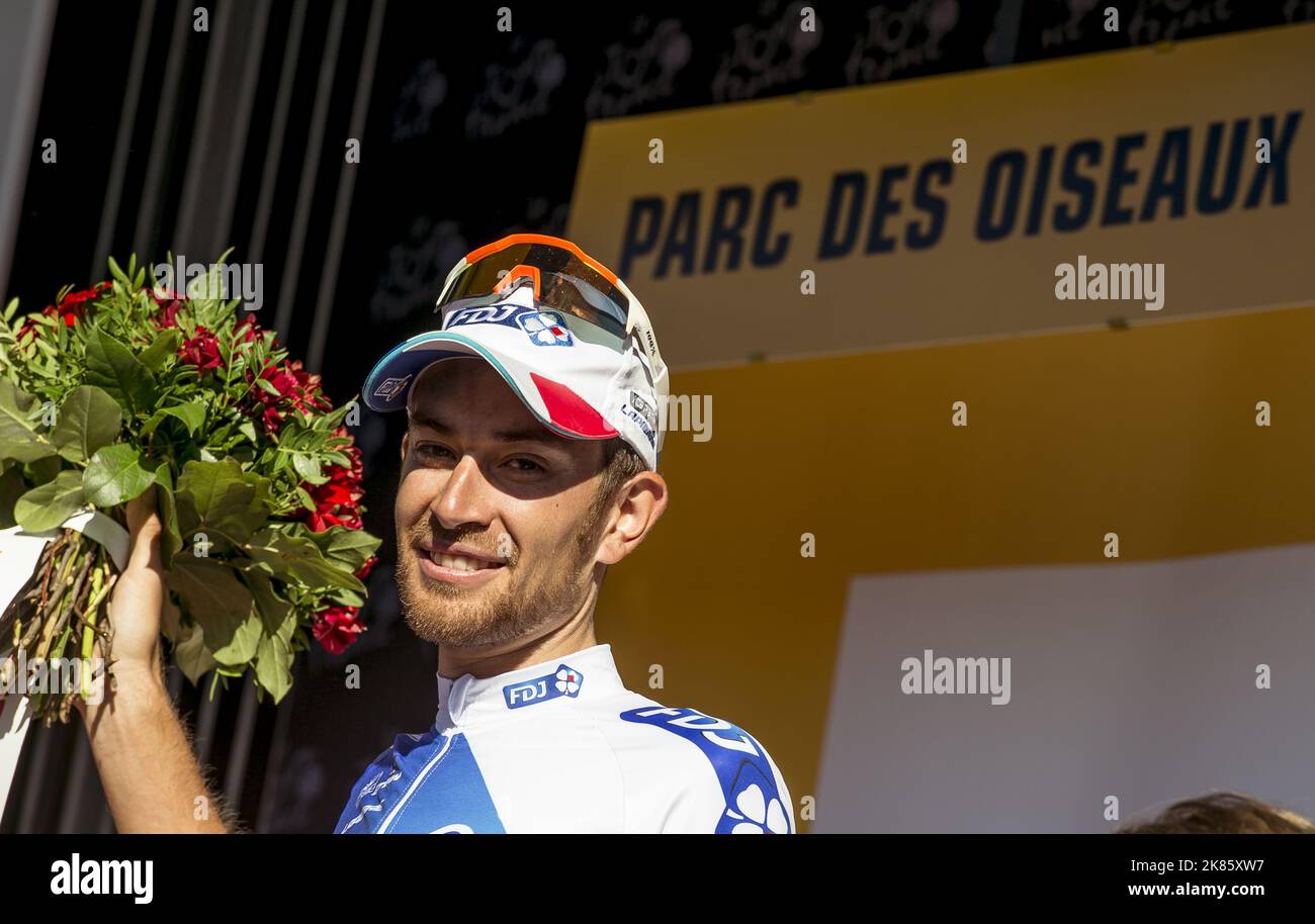 Jeremy Roy of team FDJ collects the prize for the most competitive ...