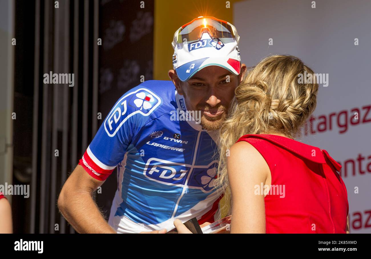Jeremy Roy of team FDJ collects the prize for the most competitive ...