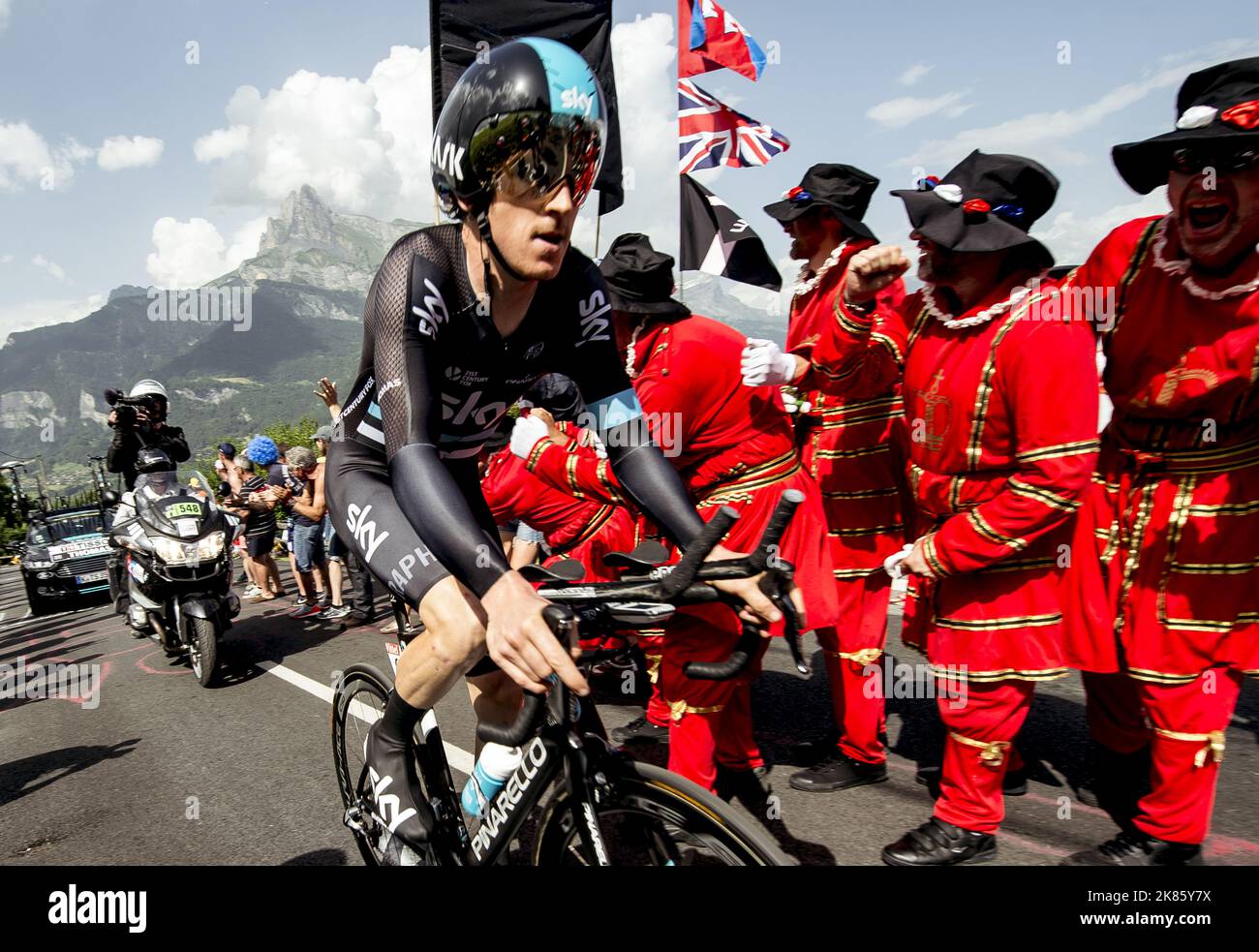 Great Britain's Geraint Thomas - team Sky - climbs the Cote de Domancy ...