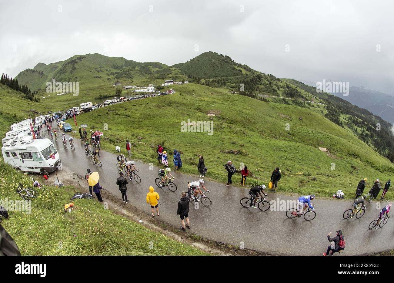 The Peleton rides over the Col de Joux Plane on the penultimate day of ...