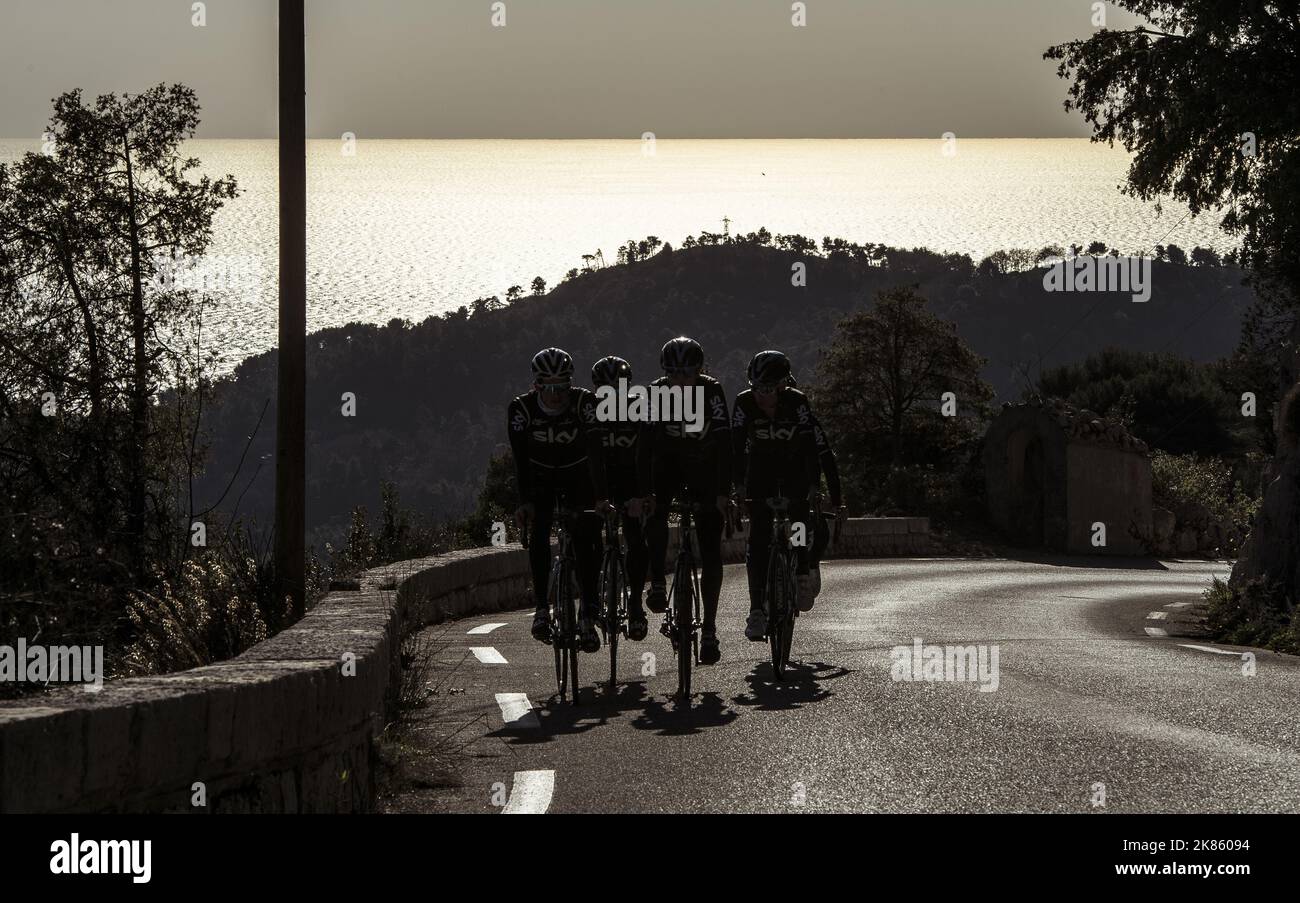 Team SKY riders climbing the Col D'Eze and the Col de la Madone close ...